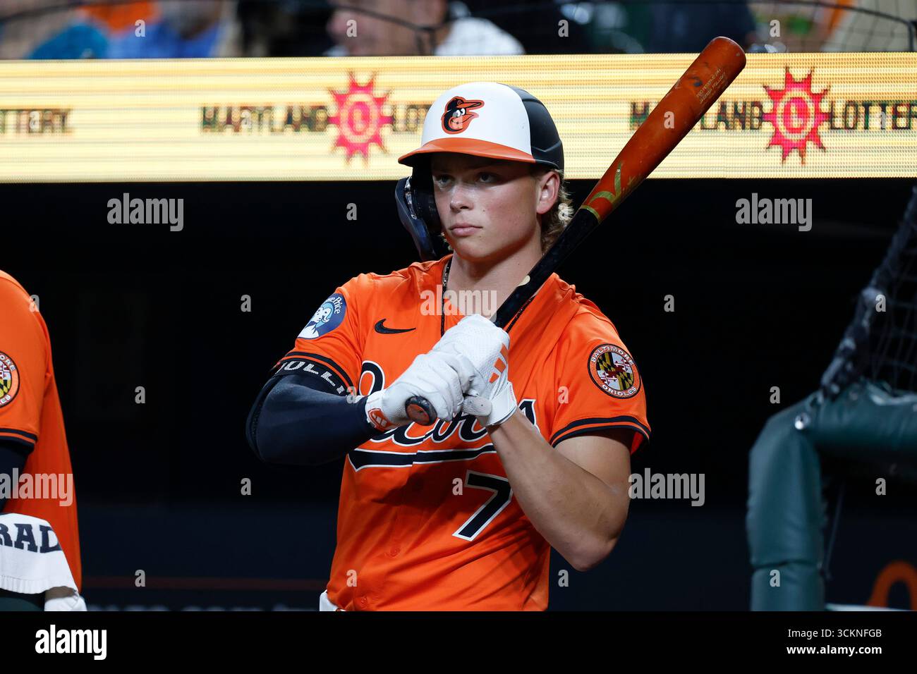 Jackson Holliday #7 of the Baltimore Orioles holds his bat during a ...