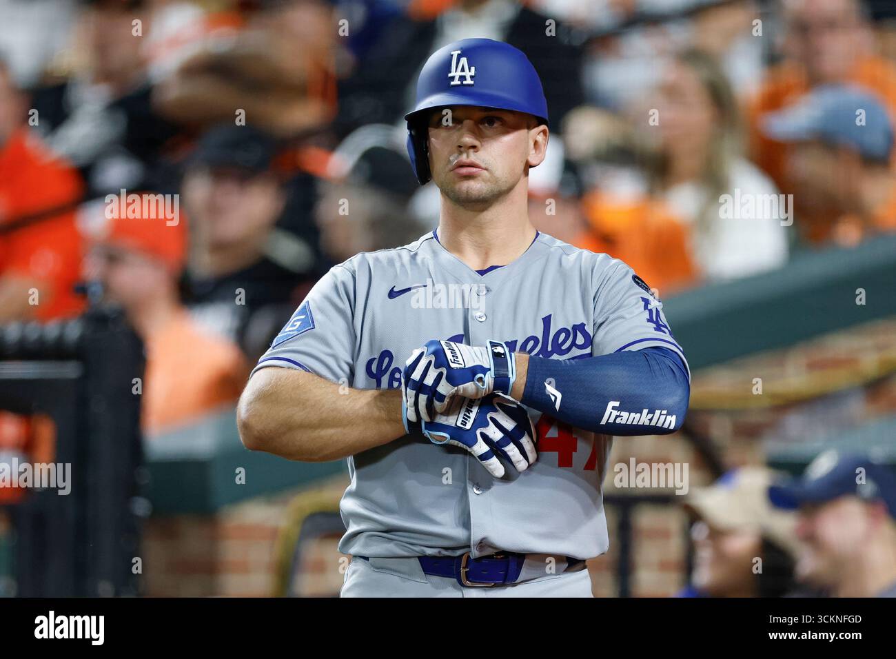 Ben Rortvedt #47 of the Los Angeles Dodgers adjusts his batting glove ...