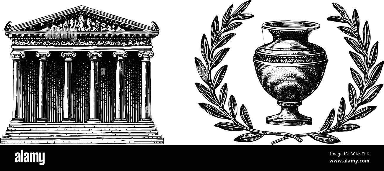Engraved illustrations of ancient greek temple and vase with laurel ...