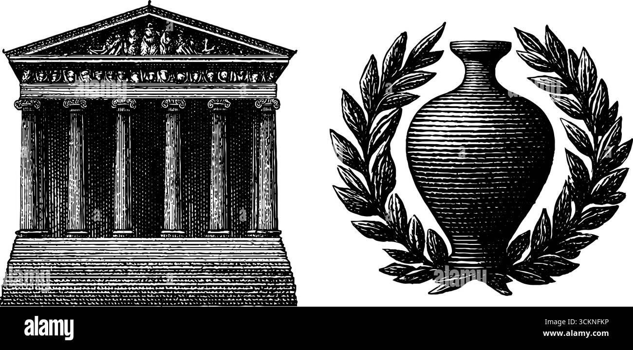 Engraved illustrations of ancient greek temple and amphora with laurel ...
