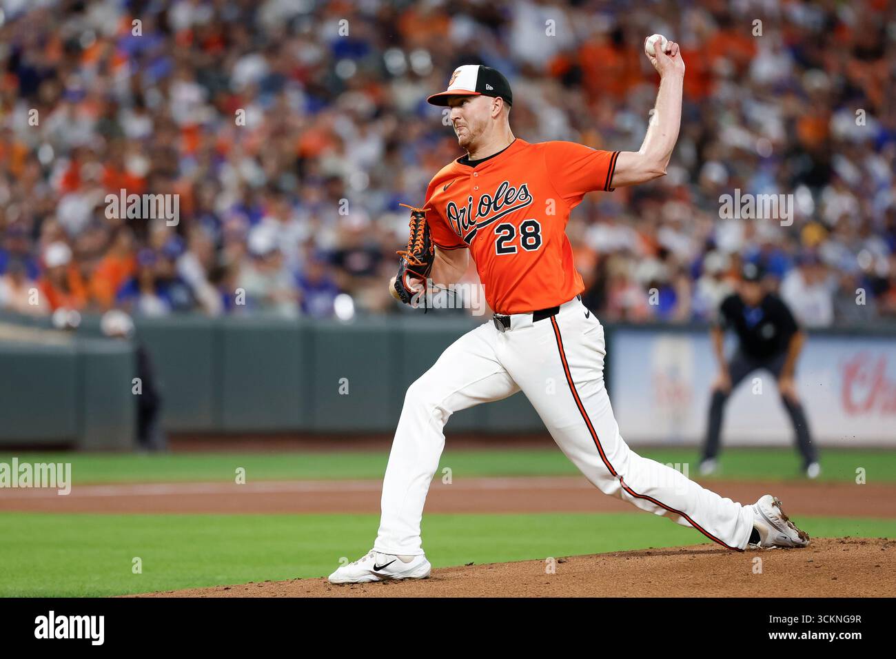 Trevor Rogers #28 of the Baltimore Orioles throws a pitch during a game against the Los Angeles ...