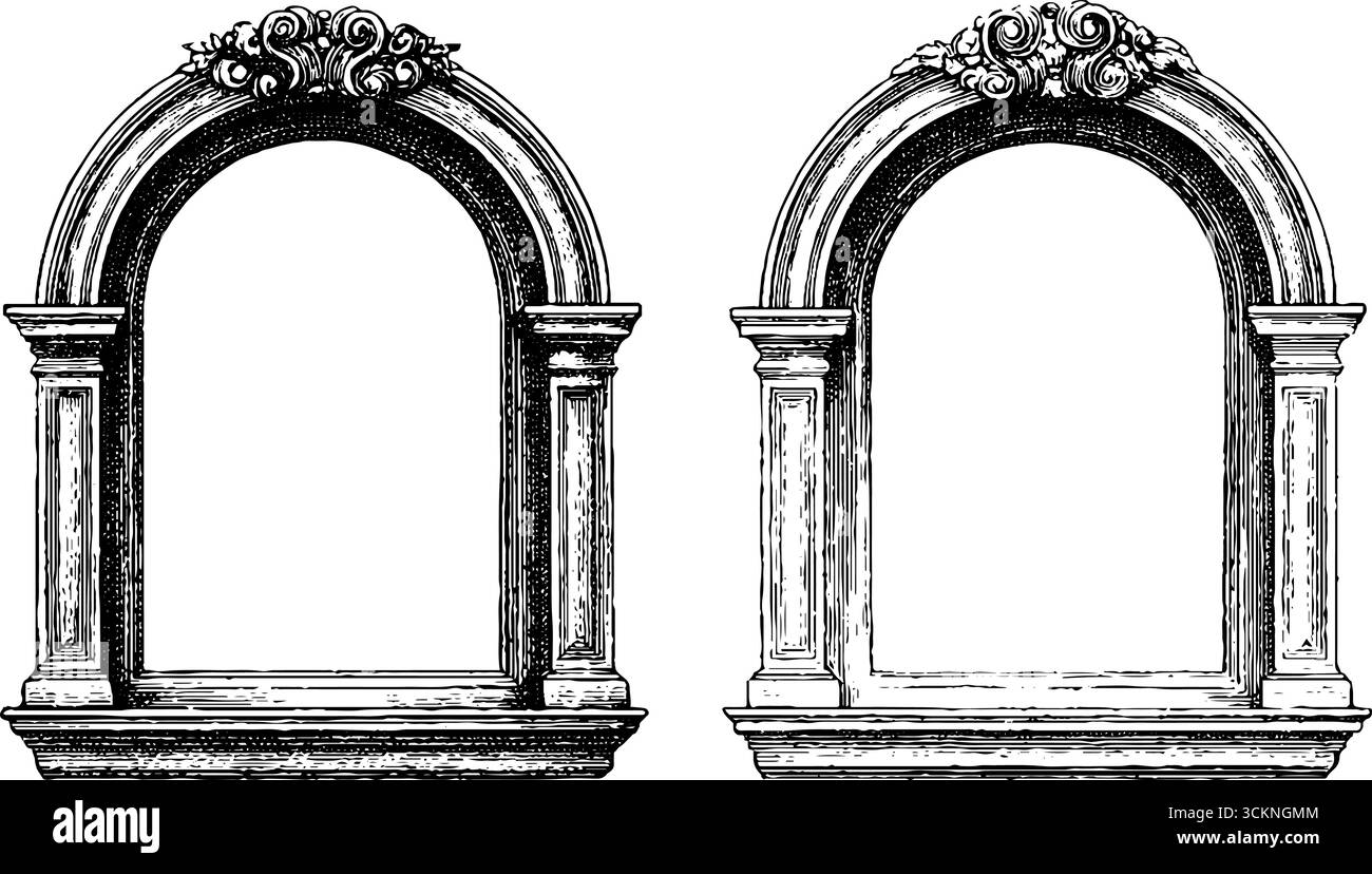 Intricate rococo window and bar engravings for architectural design ...