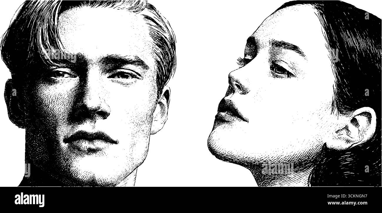 Engraved art set of split portraits featuring male and female profiles ...