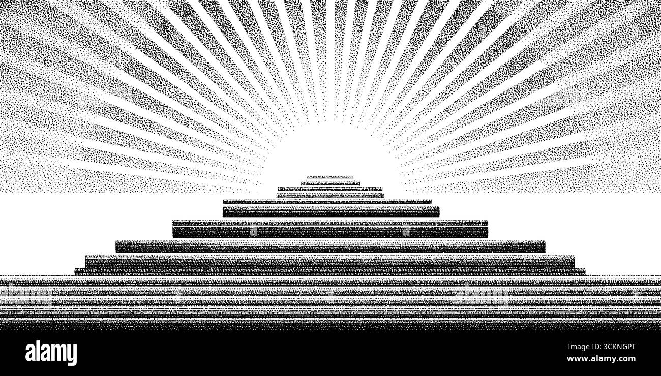 Intricate engraved illustration of ancient stepped ziggurat with ...