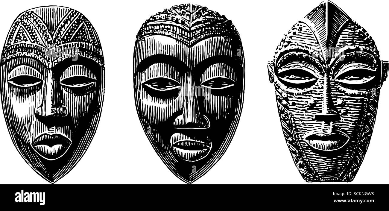 Traditional tikar ceremonial mask set engraved illustration for ...