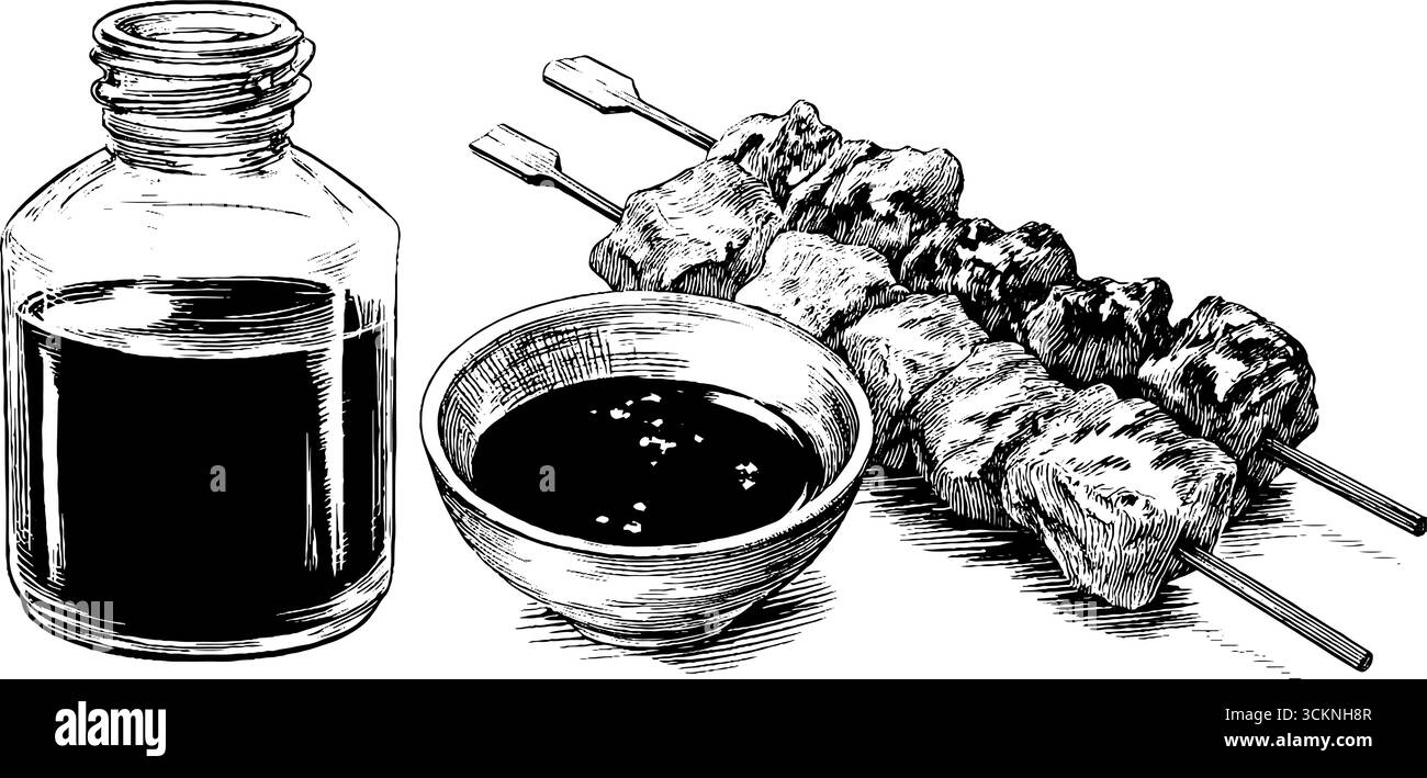 Traditional japanese yakitori skewers with sauce engraved illustration ...