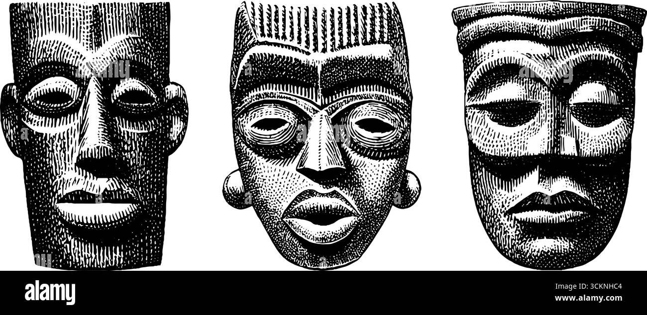 Traditional yoruba and igbo masks engraving set for cultural and ...