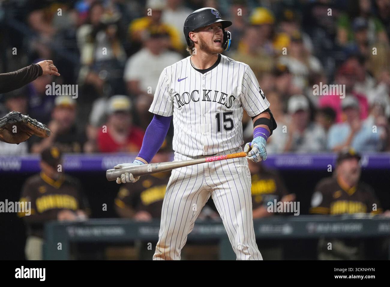 Colorado Rockies catcher Hunter Goodman (15) in the seventh inning of a ...