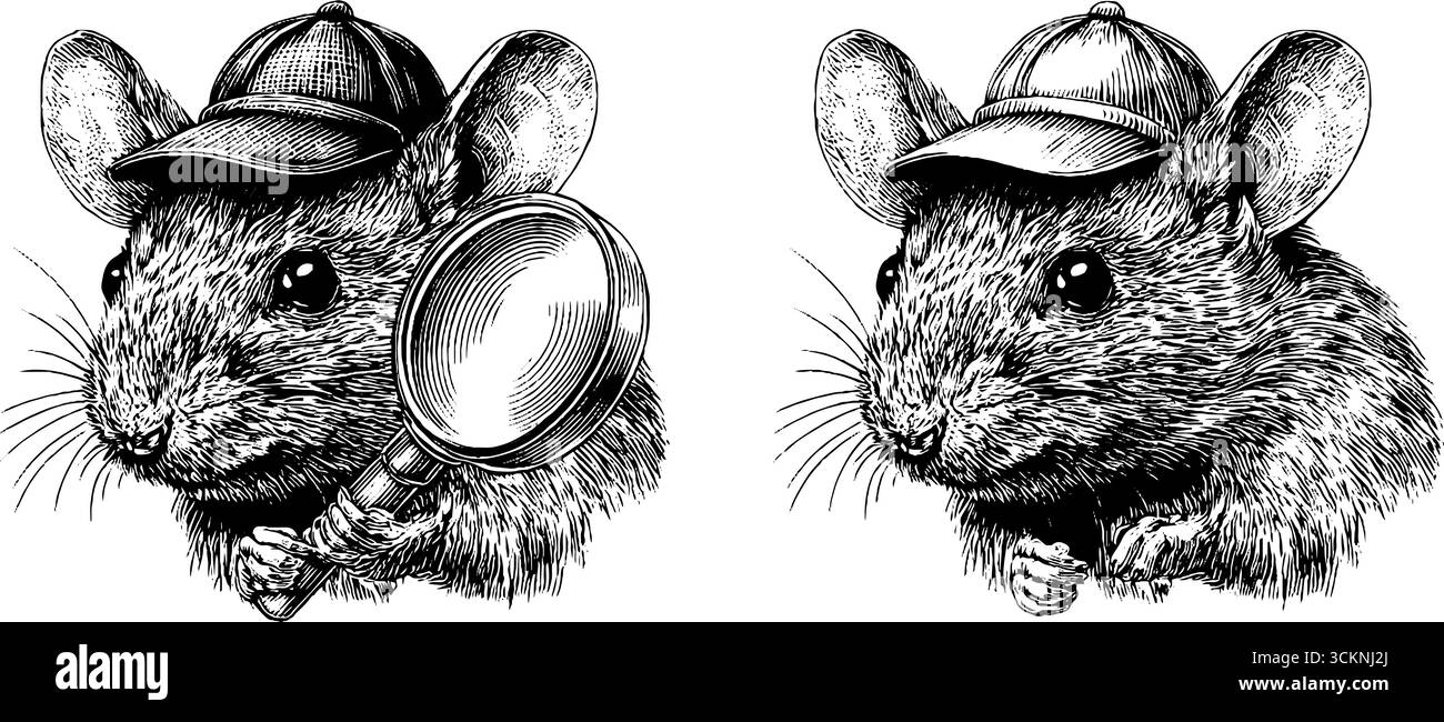 Engraved illustration of detective mouse with magnifying glass for ...