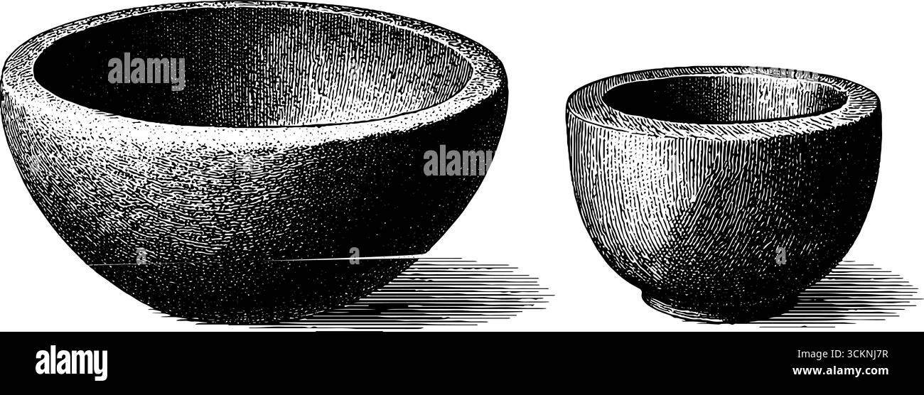 Neolithic stone bowl engraved illustration set for historical design ...