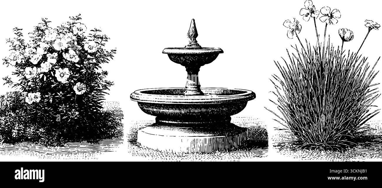 Engraved illustration set of prairie farmhouse elements for vintage ...