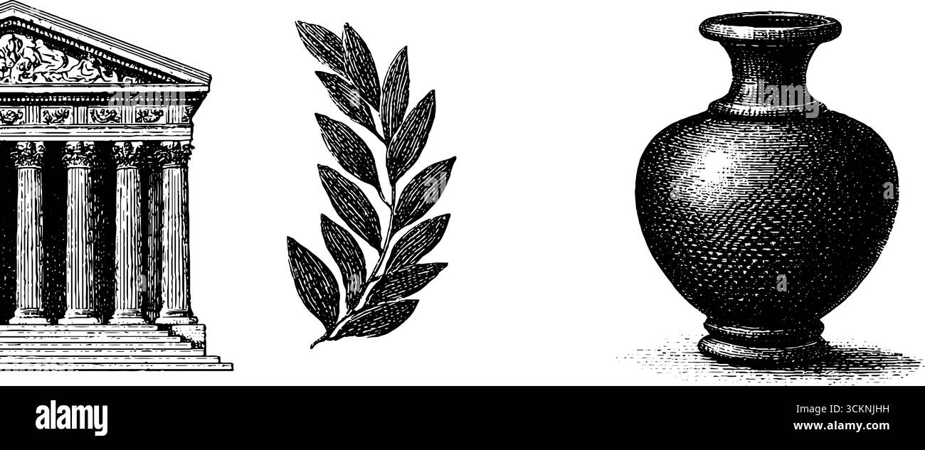 Engraved illustration set of ancient greek temple with laurel wreath ...
