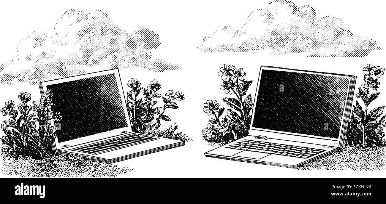 Vintage laptop engravings with floral backgrounds for decorative design ...