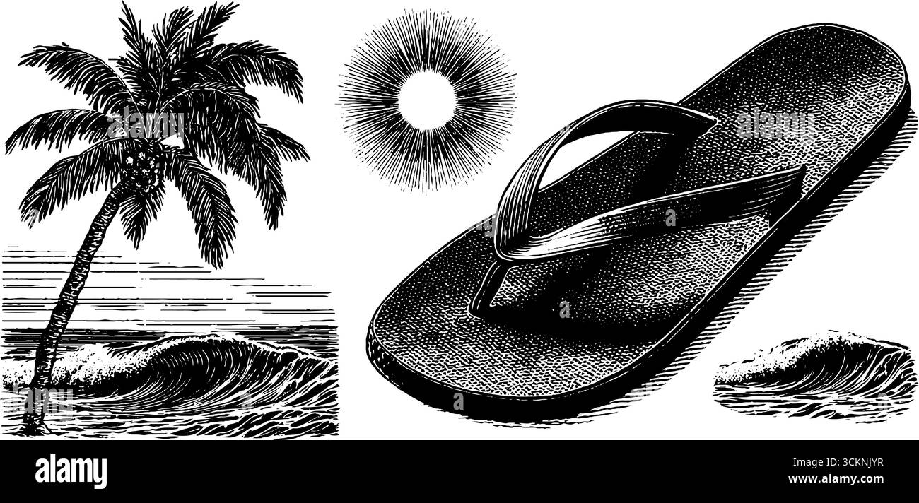 Tropical beach elements with palm tree, sunburst, and flip flop for ...