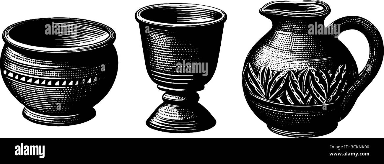 Engraved illustration set of ancient indian terracotta pottery vessels ...