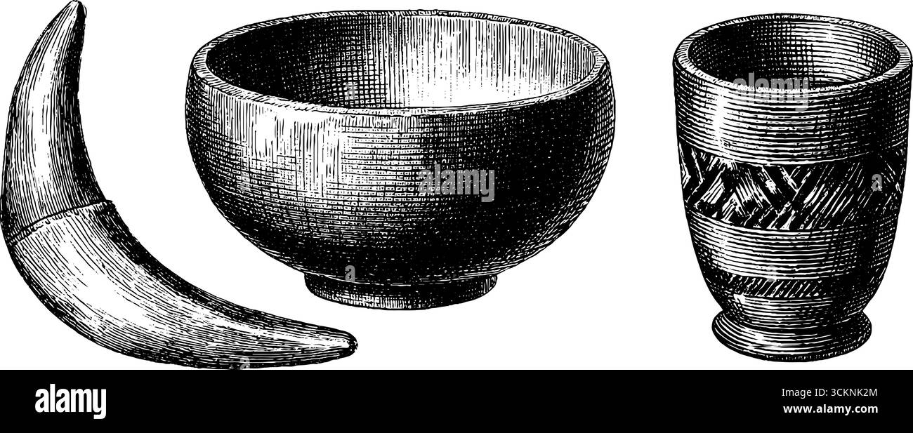 Vintage tribal art engraving of carved bowls and cups for cultural ...