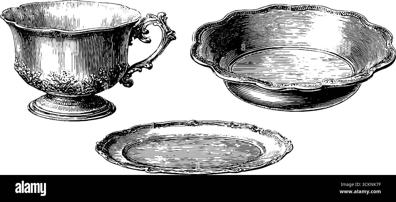 Antique chippendale style engravings of ornate silverware collection ...