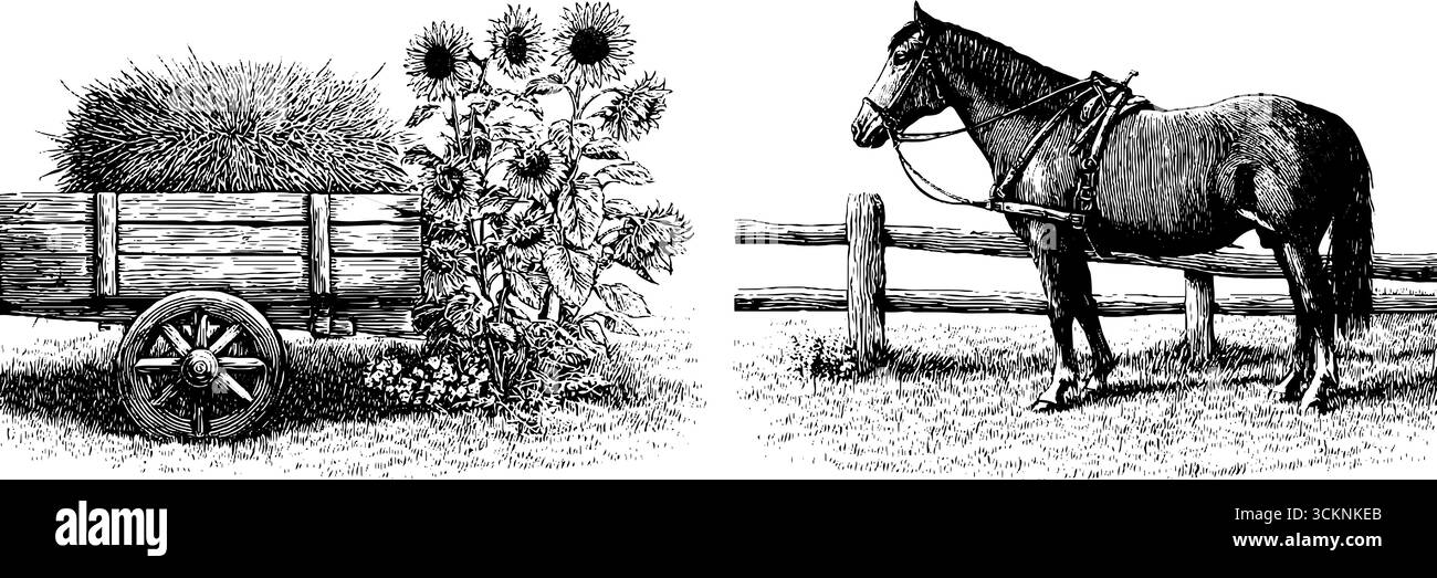 Vintage farming scene with horse, cart, and sunflowers for rustic ...