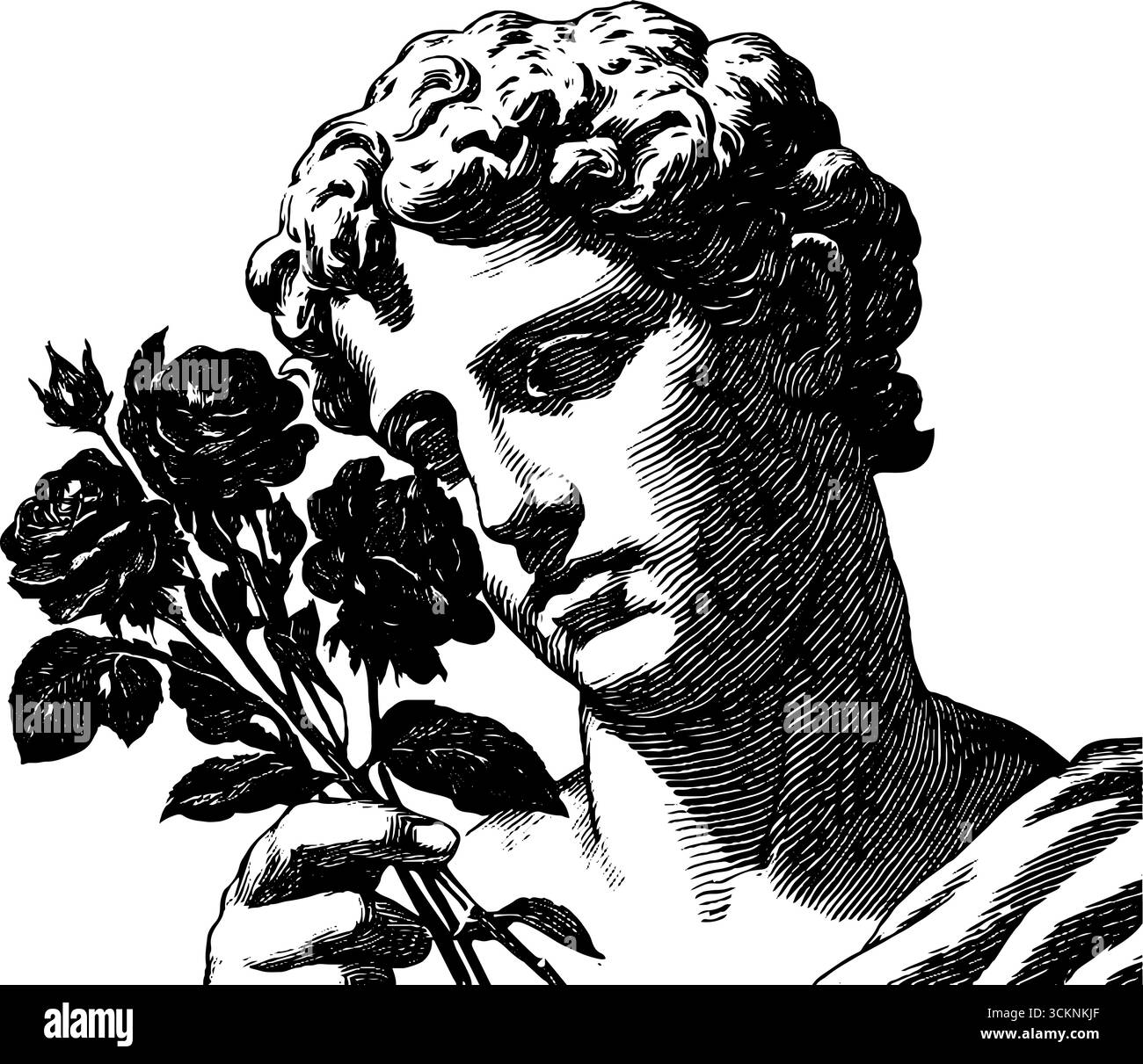 Engraved illustration of zephyrus statue holding roses for classical ...