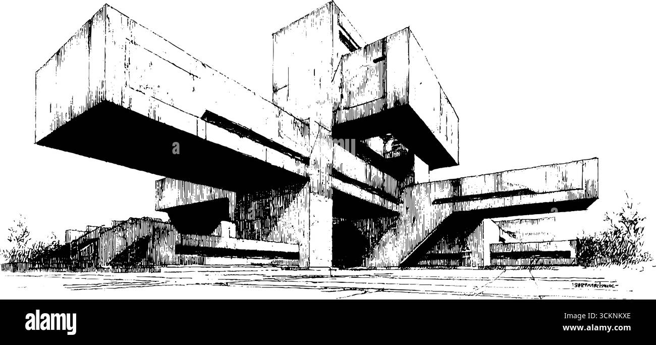 Engraved illustration of brutalist architecture highlighting geometric ...