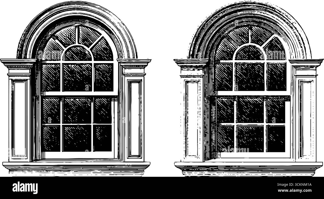 Engraved illustration set of federal style windows for architectural ...