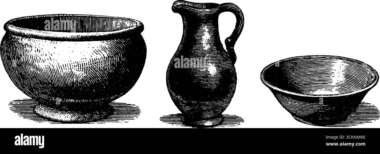 Engraved illustration set of ancient roman jug and bowls for historical ...