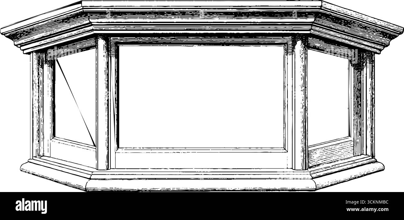 Detailed engraved illustration set featuring classic bay window ...