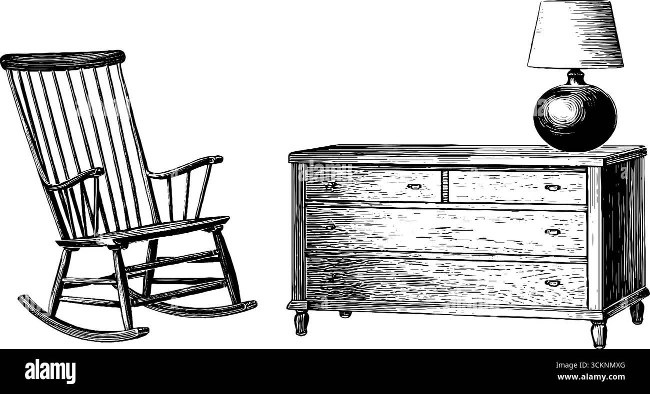 Engraved illustration of colonial revival rocking chair and dresser for ...