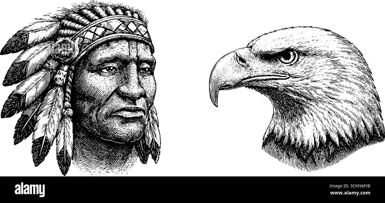 Native american totem engraving set featuring chief portrait and eagle ...