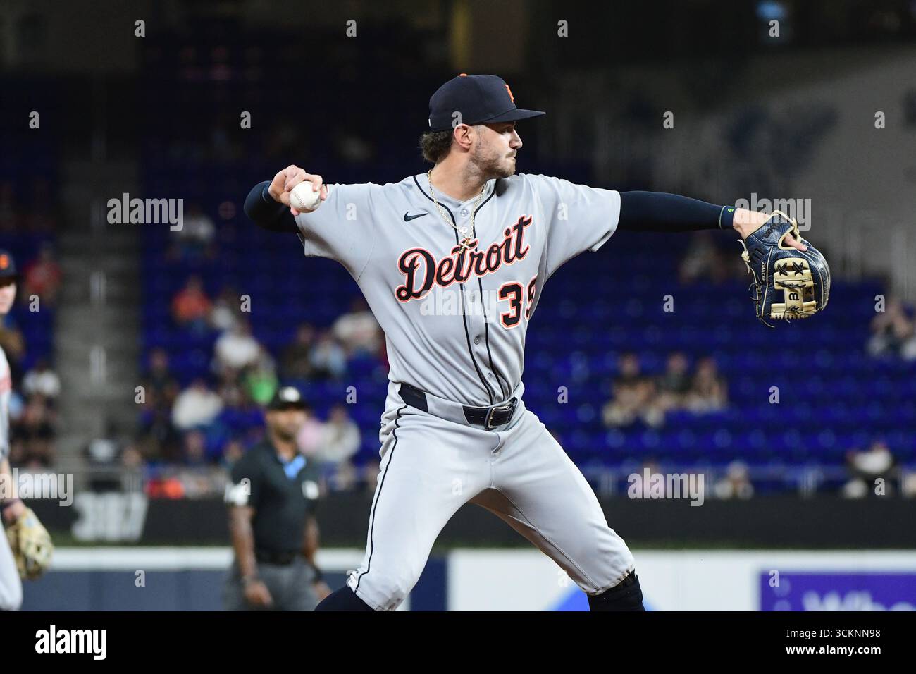 Detroit Tigers third baseman Zach McKinstry (39) throws the ball to ...
