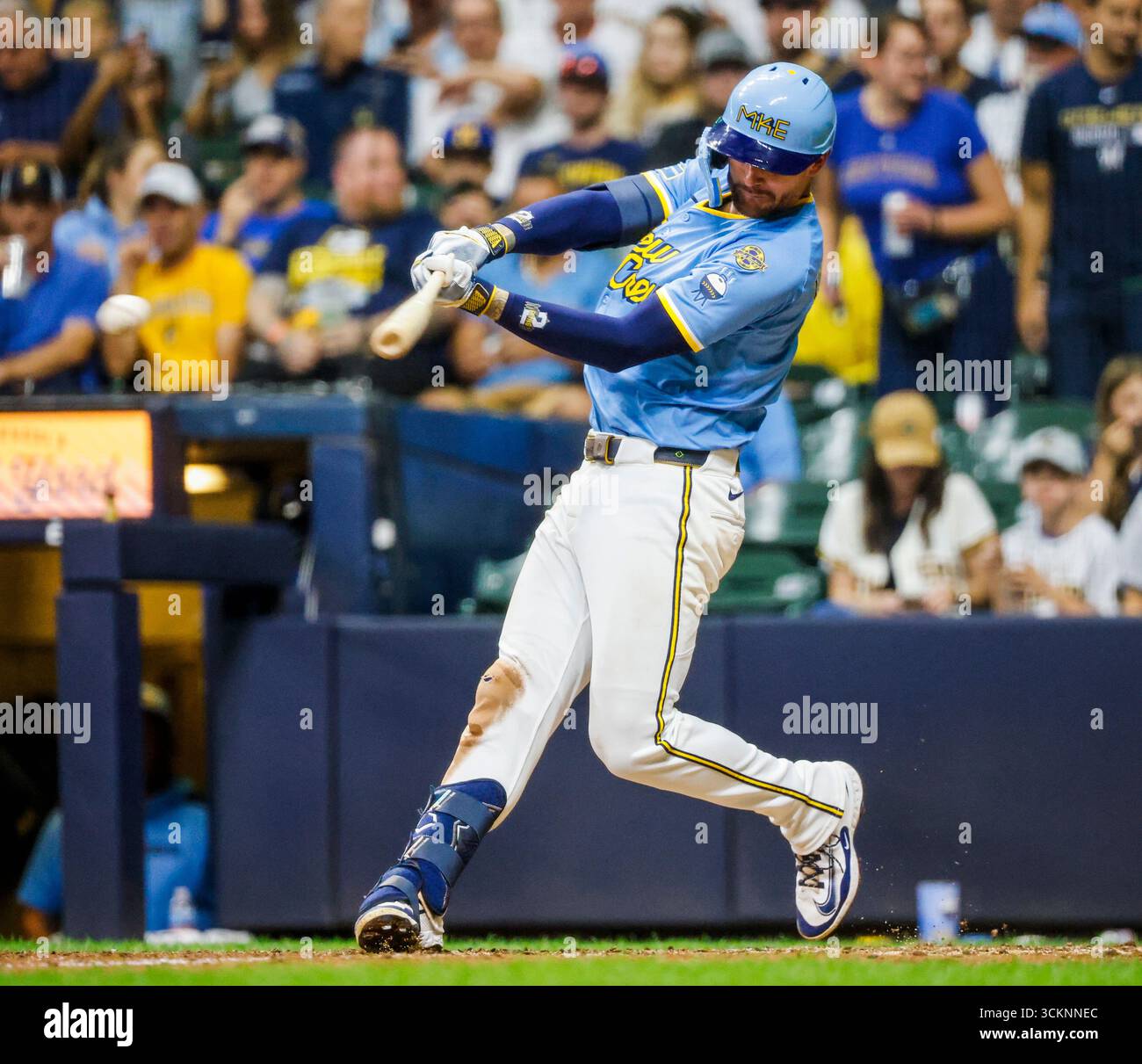 Milwaukee Brewers second baseman Brice Turang hits a single in the ...