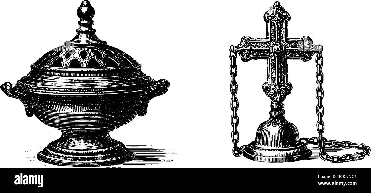 Engraved illustration set of byzantine incense burner and cross Stock ...
