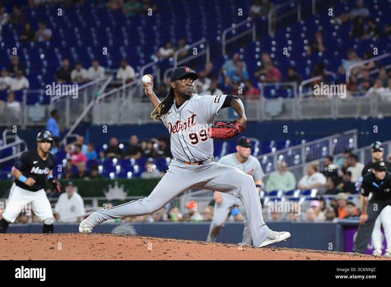 Detroit Tigers relief pitcher Rafael Montero (99) gets ready to throw a ...
