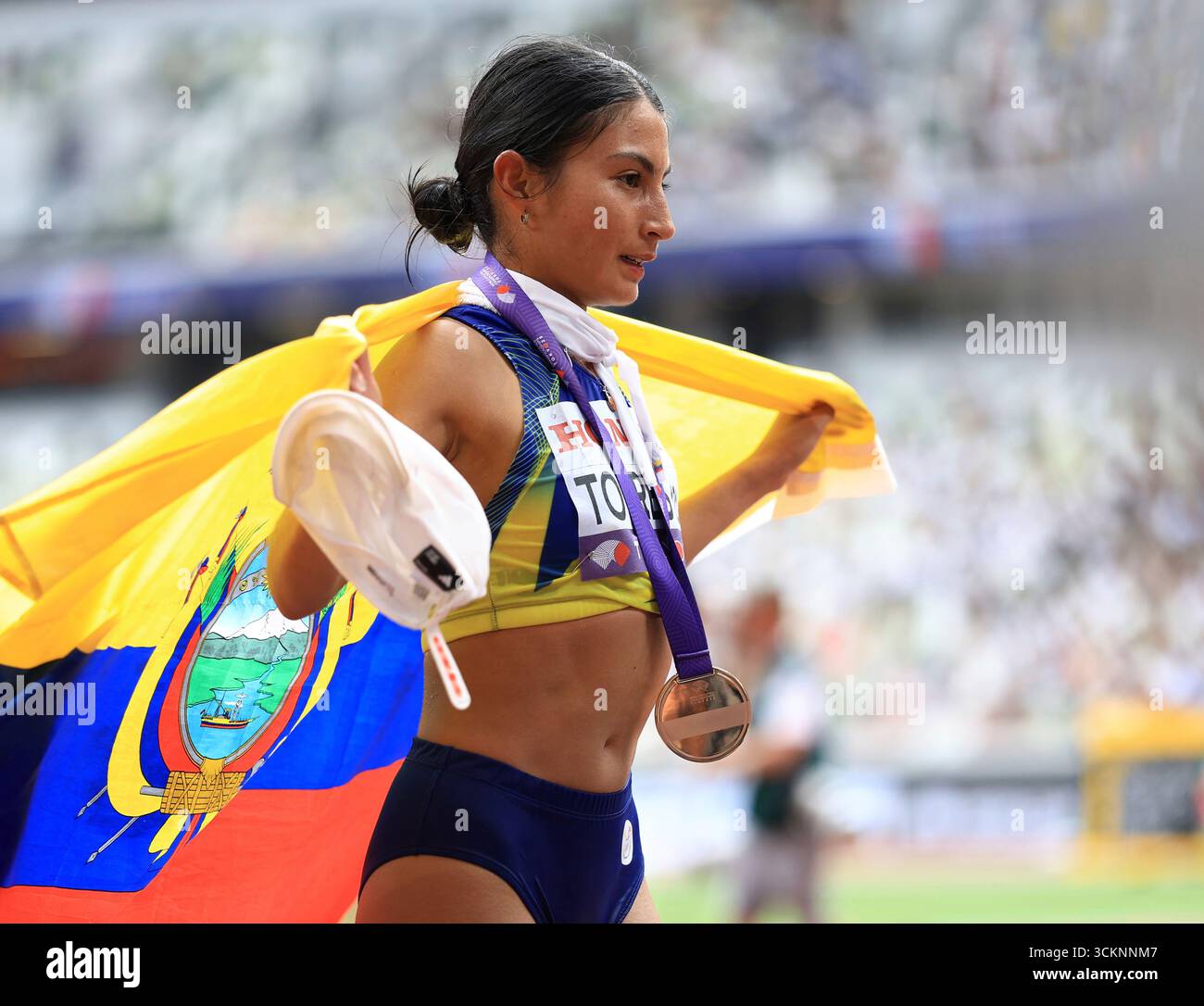 Paula Milena TORRES of Ecuador, bronze, poses for a photo after finisshing the Women's 35 ...