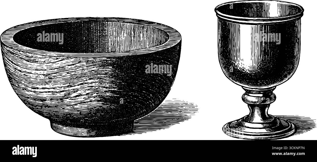 Medieval wooden bowl and goblet engraving set for historical design and ...
