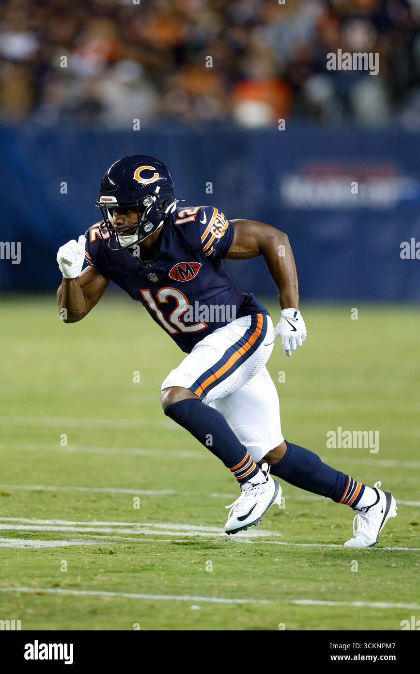 Chicago Bears wide receiver Devin Duvernay (12) runs on the field ...