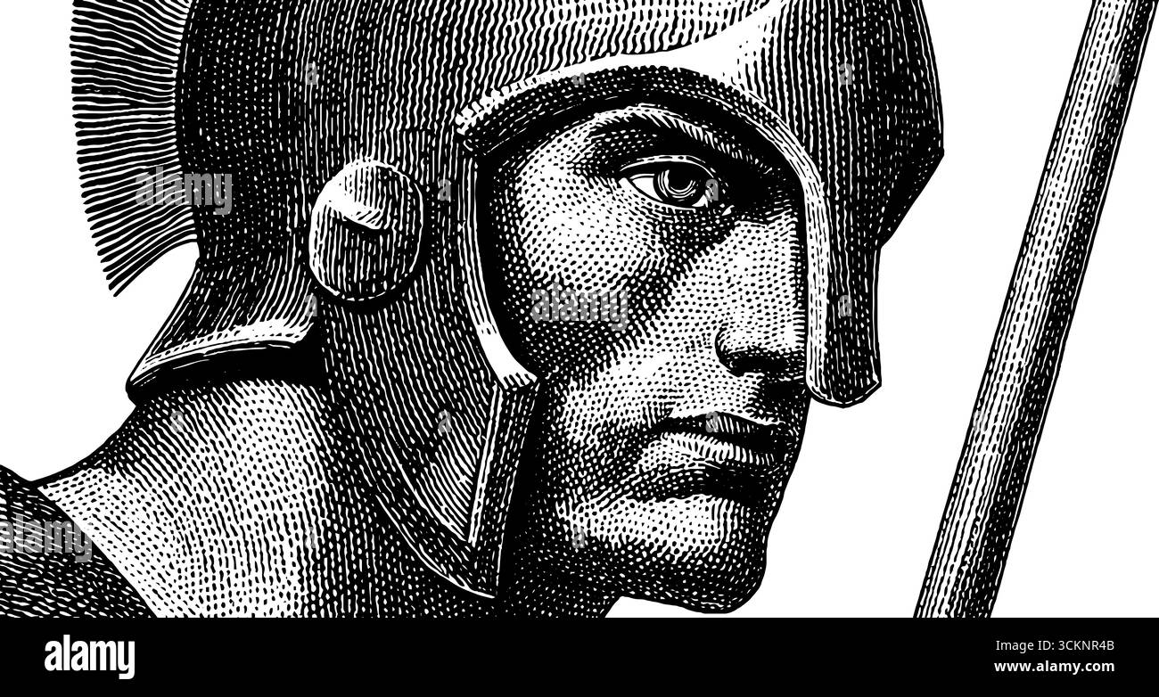 Ancient warrior concept: engraved illustration of ares in helmet and ...