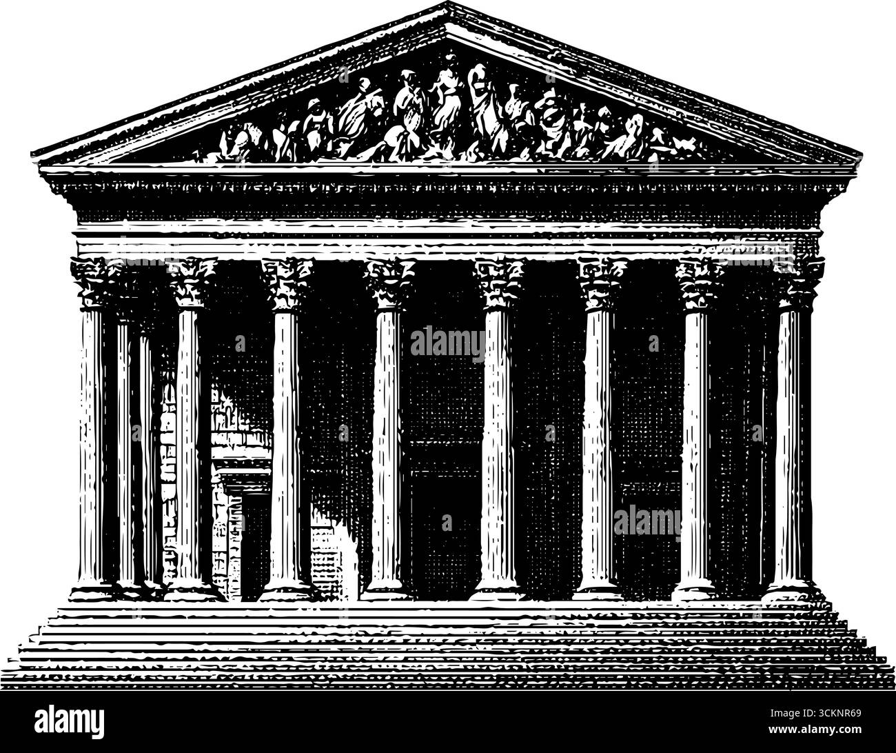 Classical architecture engraving of ancient greek temple with columns ...