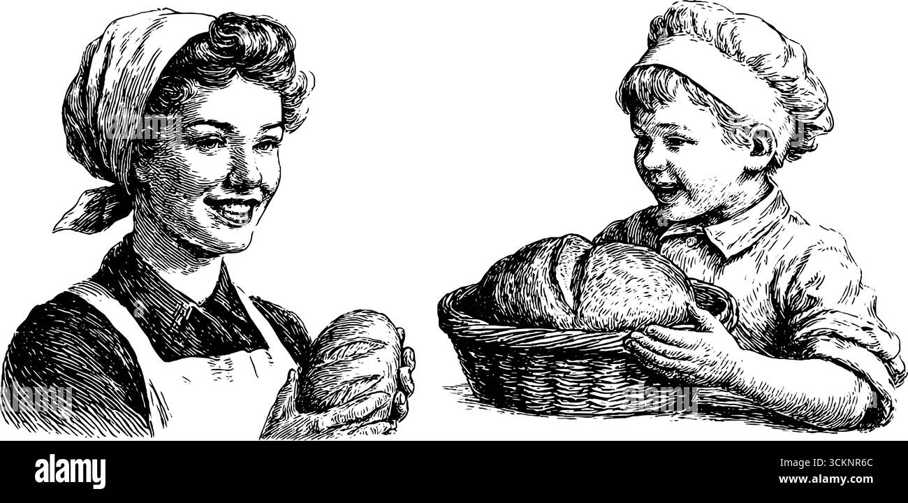 Vintage illustration of smiling female baker and boy holding bread ...