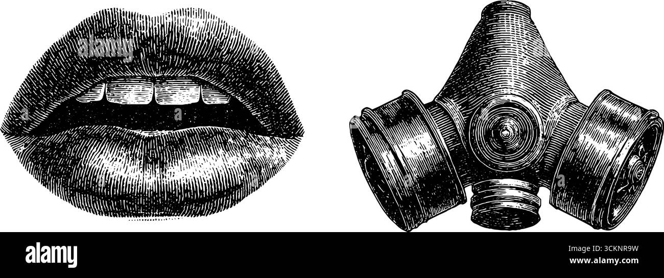 Engraved set of pierced lips and gas mask illustration for design and ...