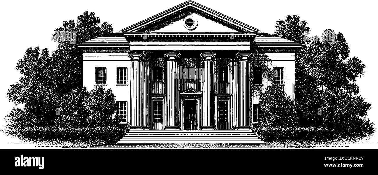 Engraved colonial revival architecture illustration featuring grand ...