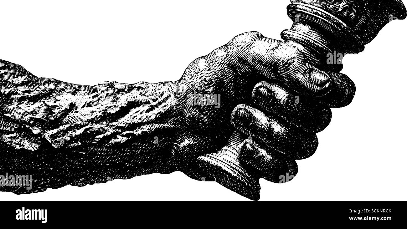 Engraved illustration of fragmented hand statue holding object in ...