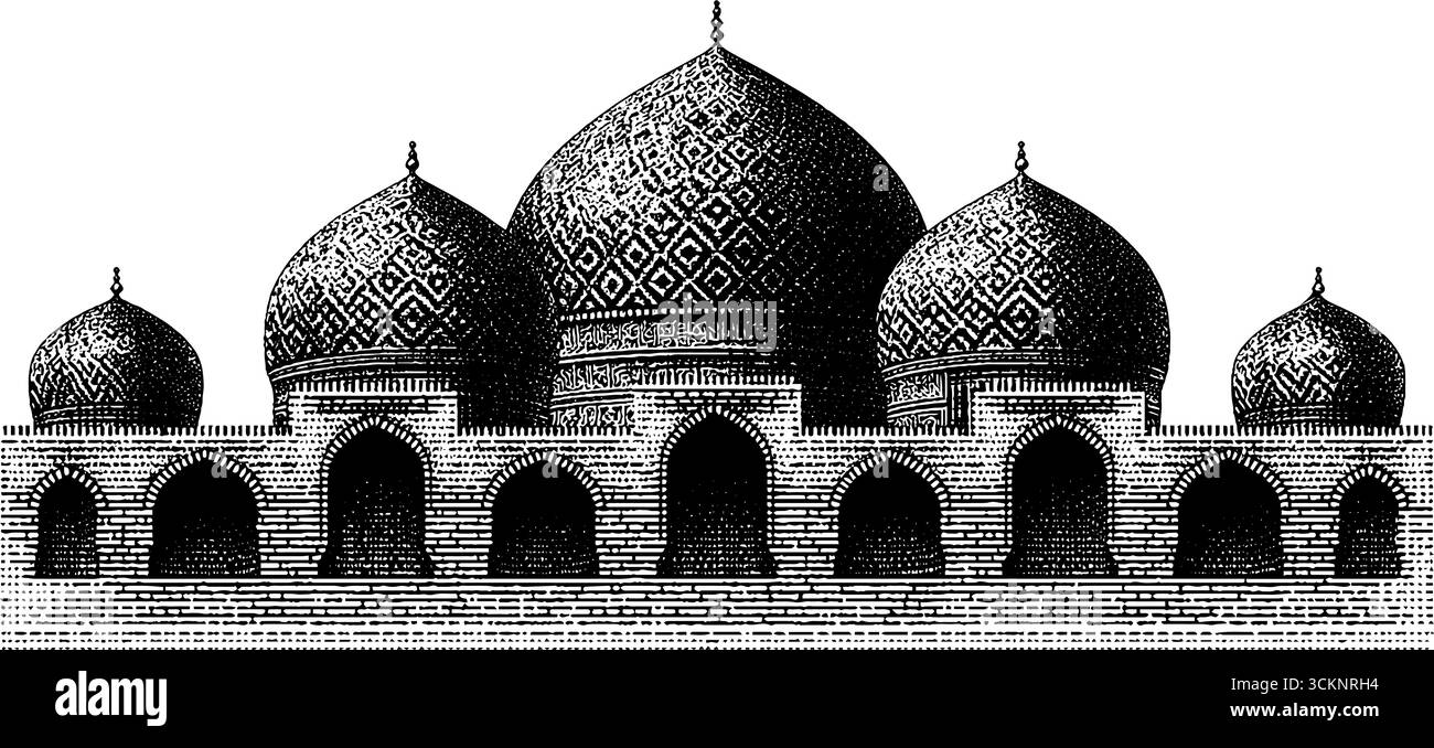 Engraved illustration of islamic architecture with ornate domes and ...