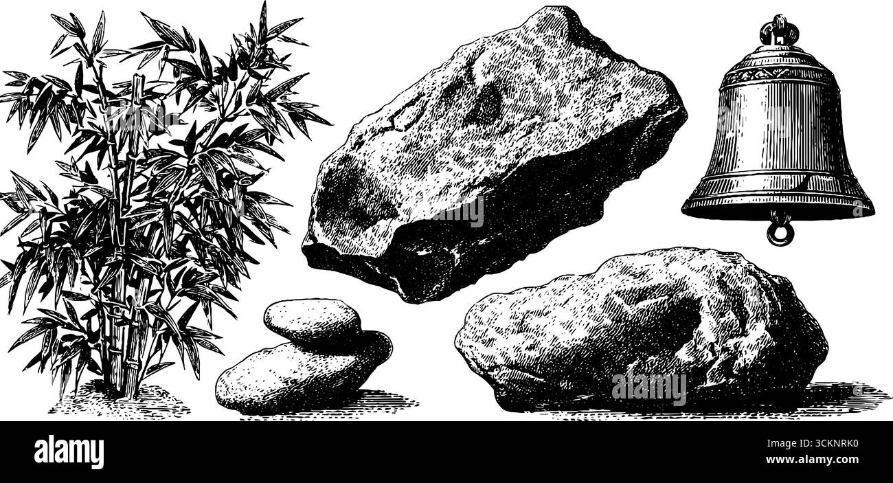 Engraved zen garden elements featuring rocks, bamboo, and bell for ...