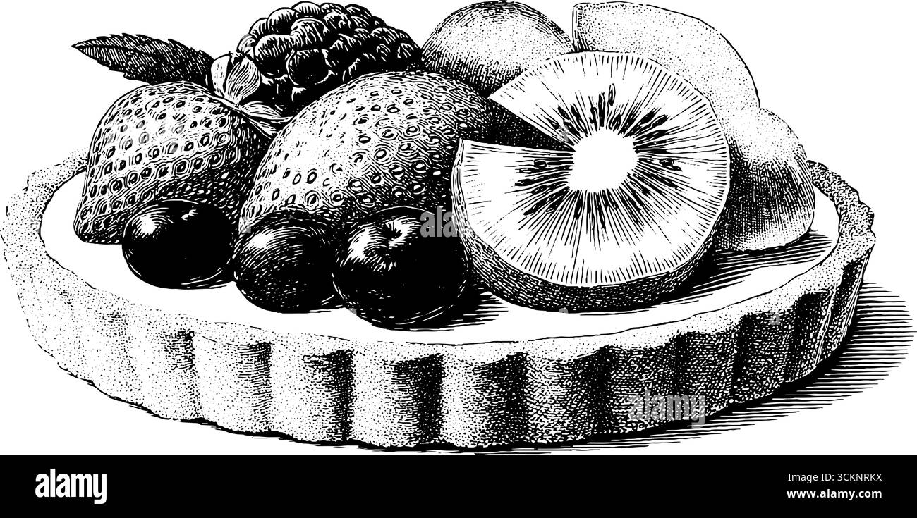 Vintage style engraving of a mixed fruit tart featuring strawberries ...