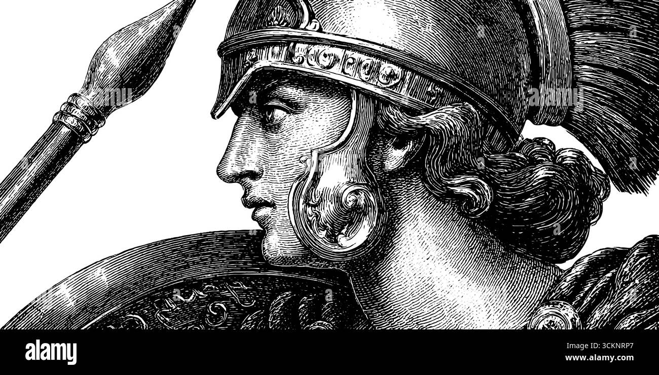 Engraved illustration of athena in battle armor - ancient greek warrior ...