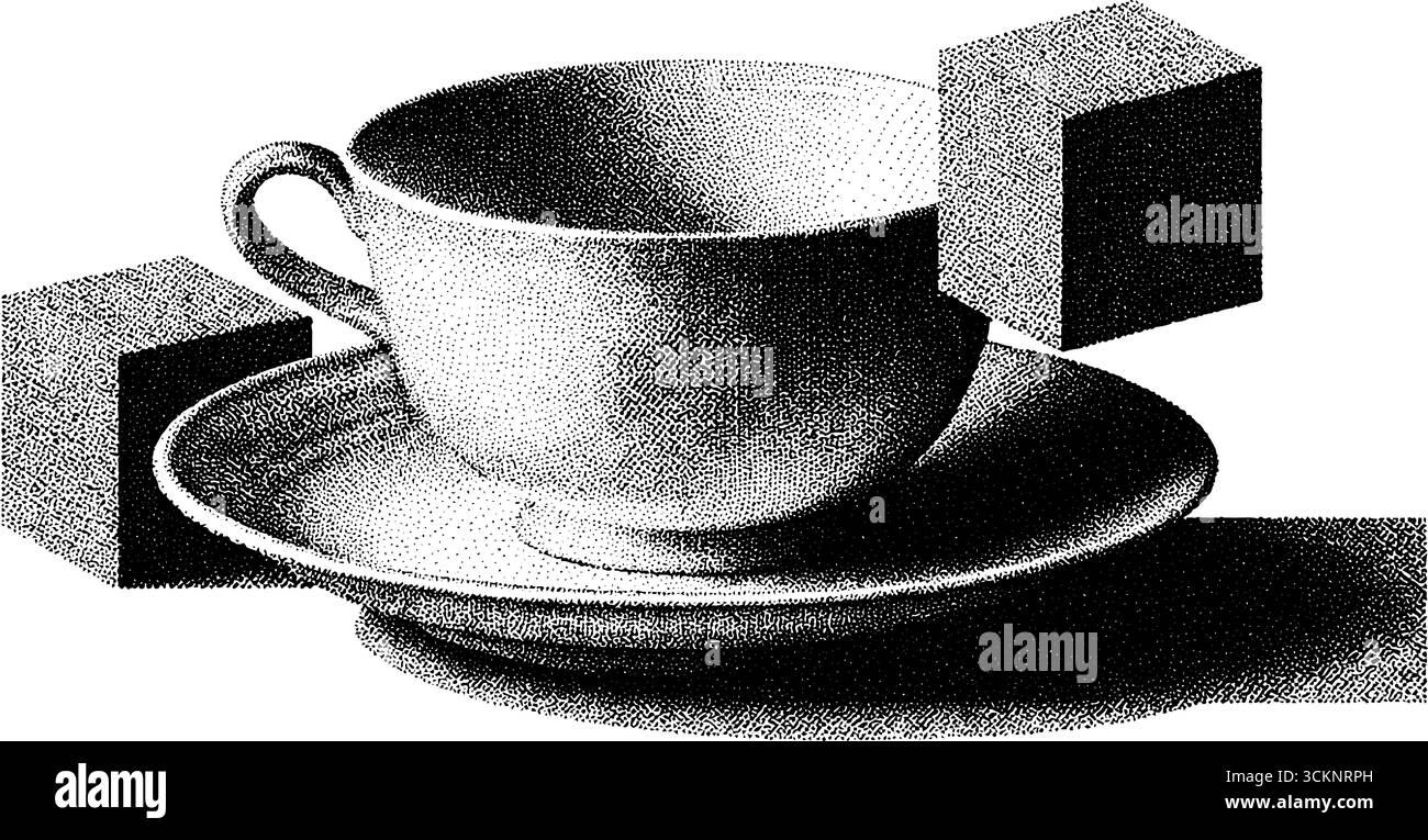 Engraved illustration of pixelated teacup with floating geometric cubes ...