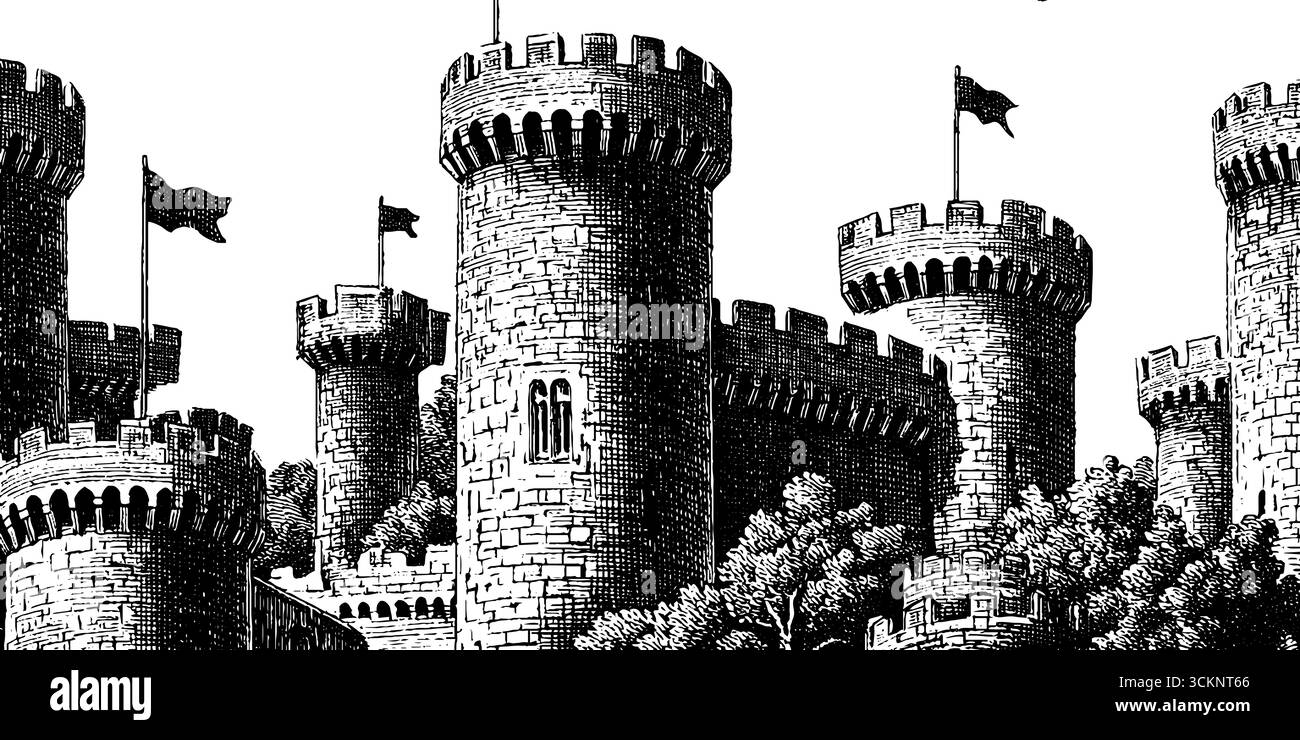 Medieval castle towers seamless pattern engraving for design and ...