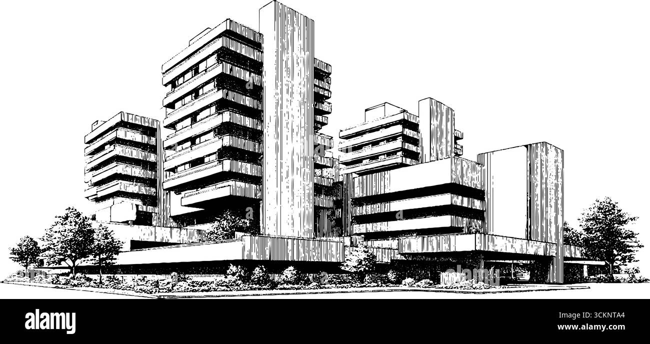 Engraved detailed illustration of brutalist architecture design for ...