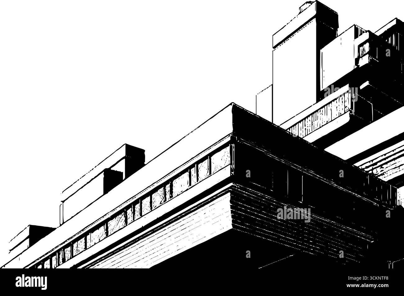 Engraved illustration of brutalist architecture featuring geometric ...
